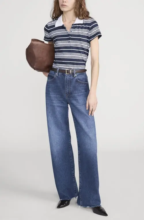 FRAME Stripe Stretch Linen Polo Top - Navy Multi