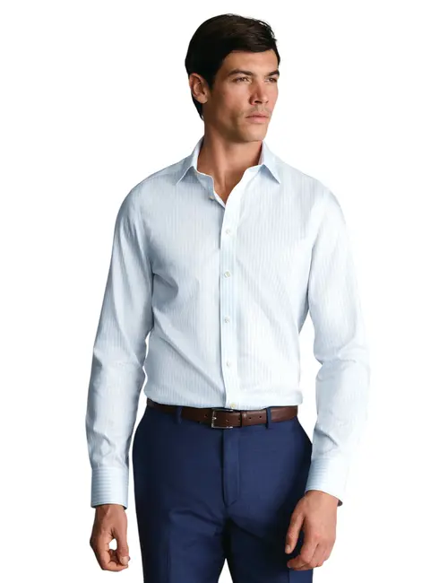 CHARLES TYRWHITT Non-iron Puppytooth Cutaway Collar Shirt - Light Blue