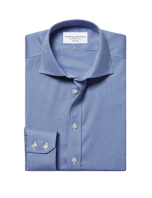 CHARLES TYRWHITT Non-iron Puppytooth Cutaway Collar Shirt - Royal Blue
