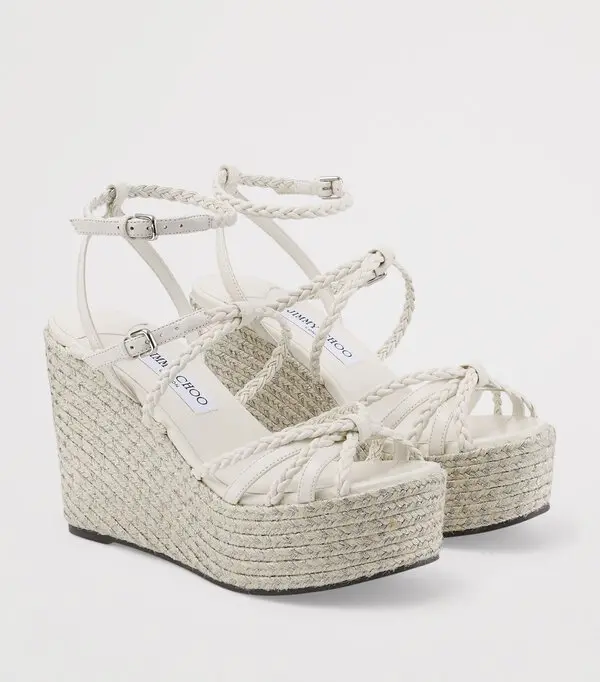 JIMMY CHOO Nyra 100 Leather Wedge Sandals - White