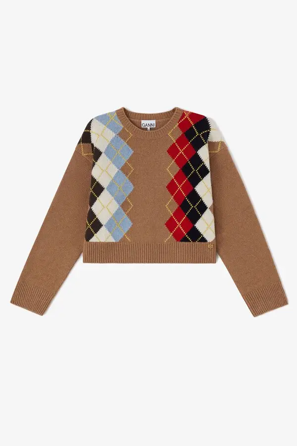 GANNI Argyle Patterned Crewneck Sweater - Beige
