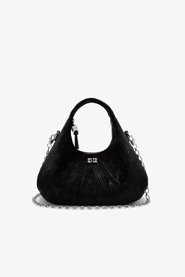GANNI Velvet Moire Mini Hobo Bag - Black