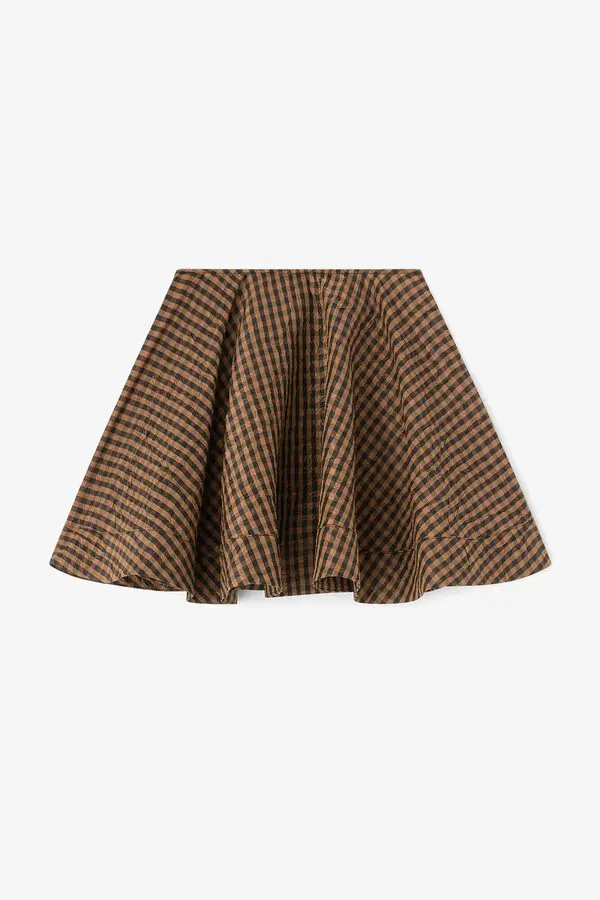 GANNI Crinkled Check Mini Circle Skirt - Brown