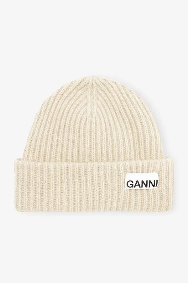 GANNI Oversized Wool Rib Knit Beanie - Beige