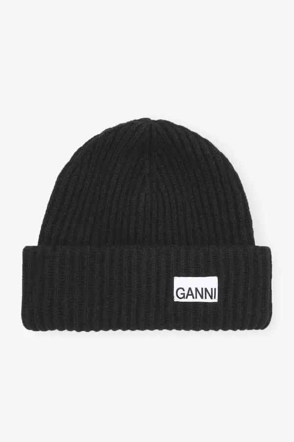 GANNI Oversized Wool Rib Knit Beanie - Black