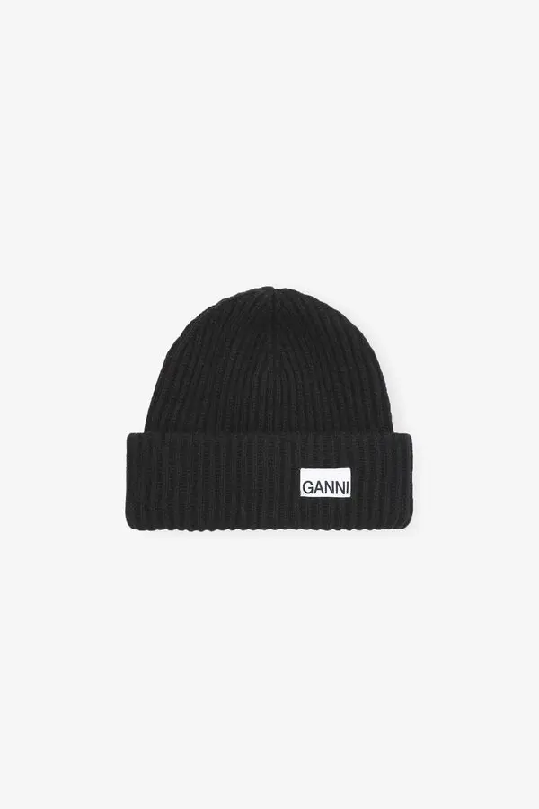 GANNI Oversized Wool Rib Knit Beanie - Black