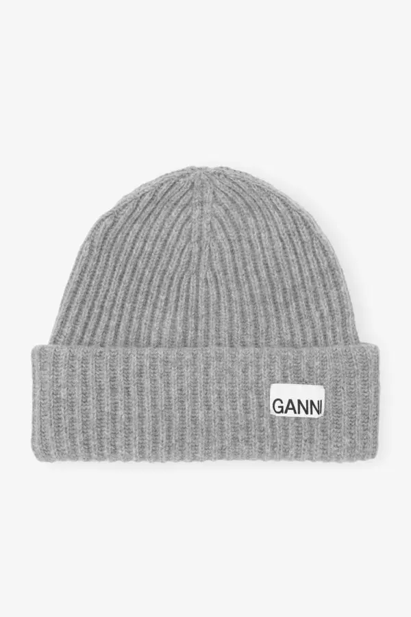 GANNI Oversized Wool Rib Knit Beanie - Grey