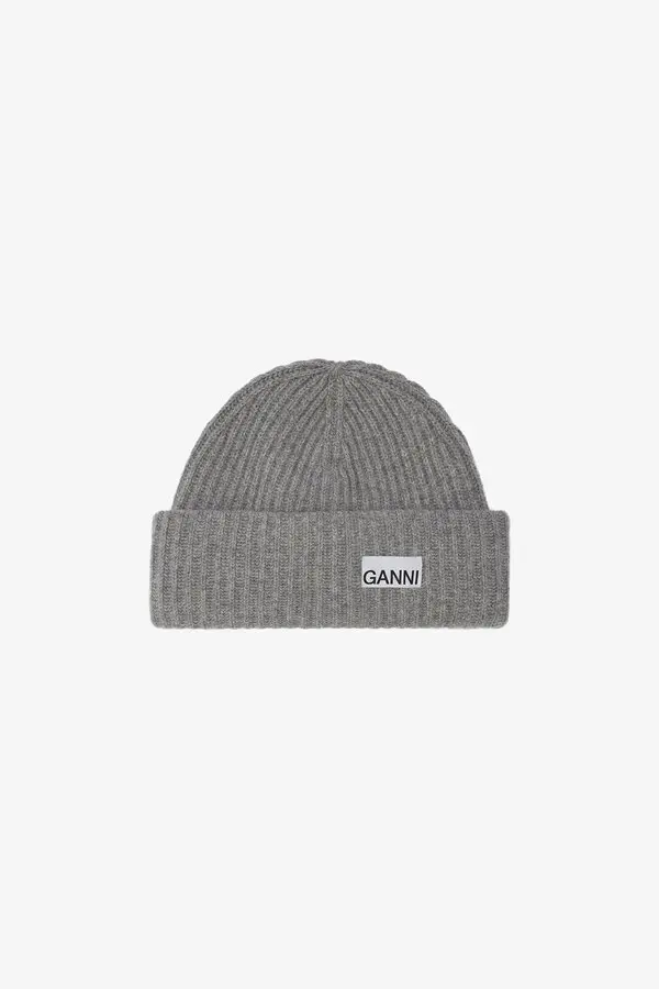 GANNI Oversized Wool Rib Knit Beanie - Grey