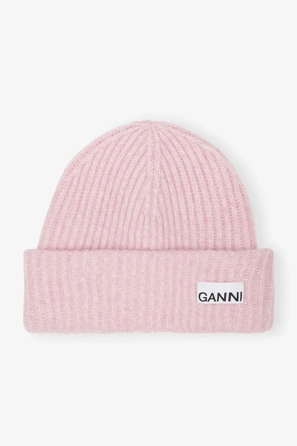 GANNI Oversized Wool Rib Knit Beanie - Purple
