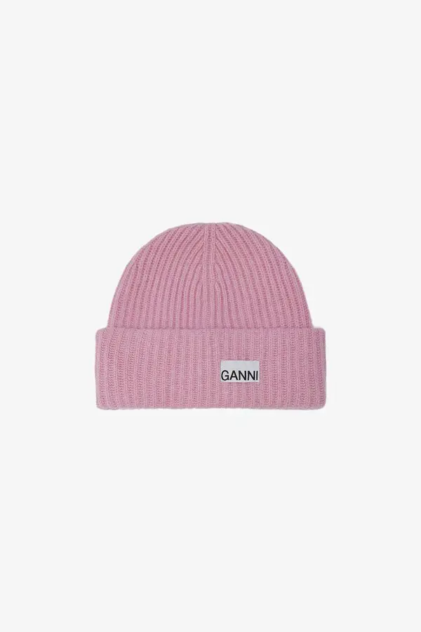 GANNI Oversized Wool Rib Knit Beanie - Purple