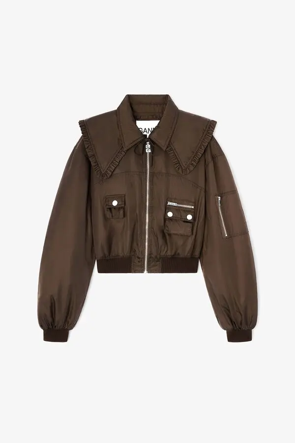 GANNI Duchesse Nylon Bomber Jacket - Brown