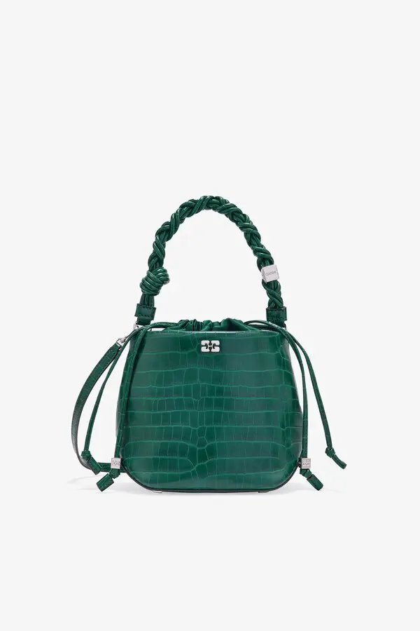 GANNI Patent Croco Bou Bucket Bag - Green