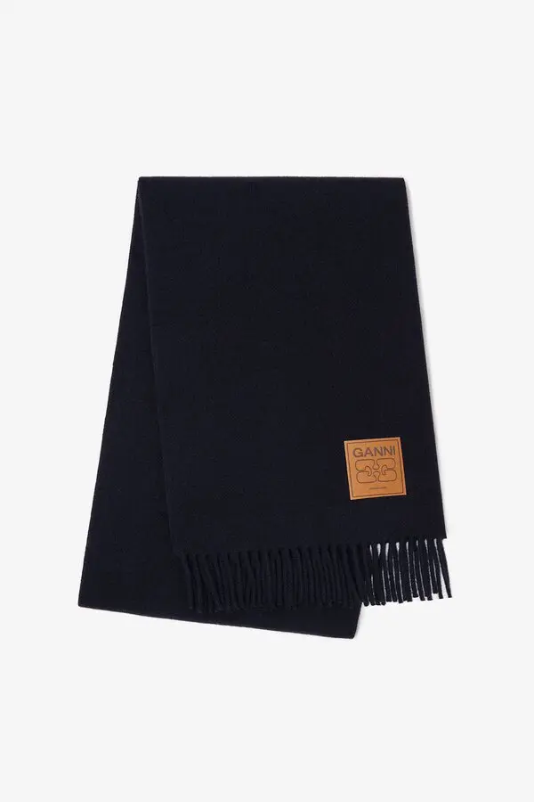 GANNI Dark Blue Wool Scarf - Navy