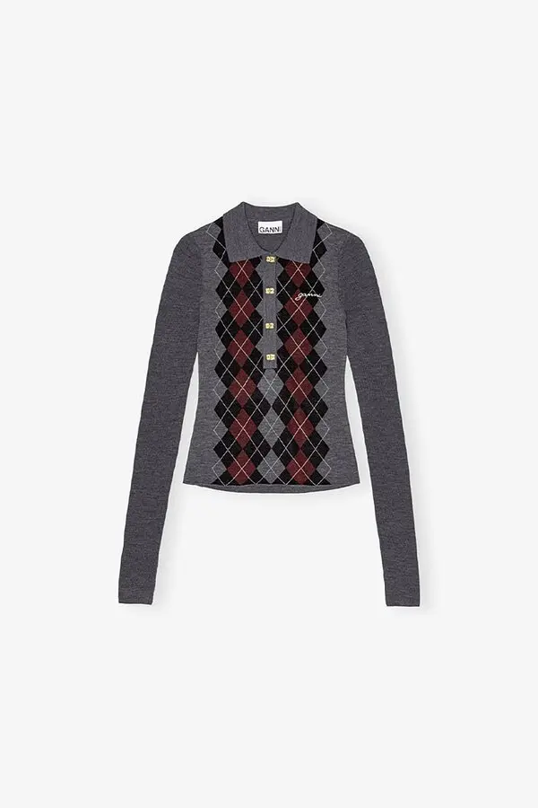 GANNI Knitted Polo Shirt - Grey
