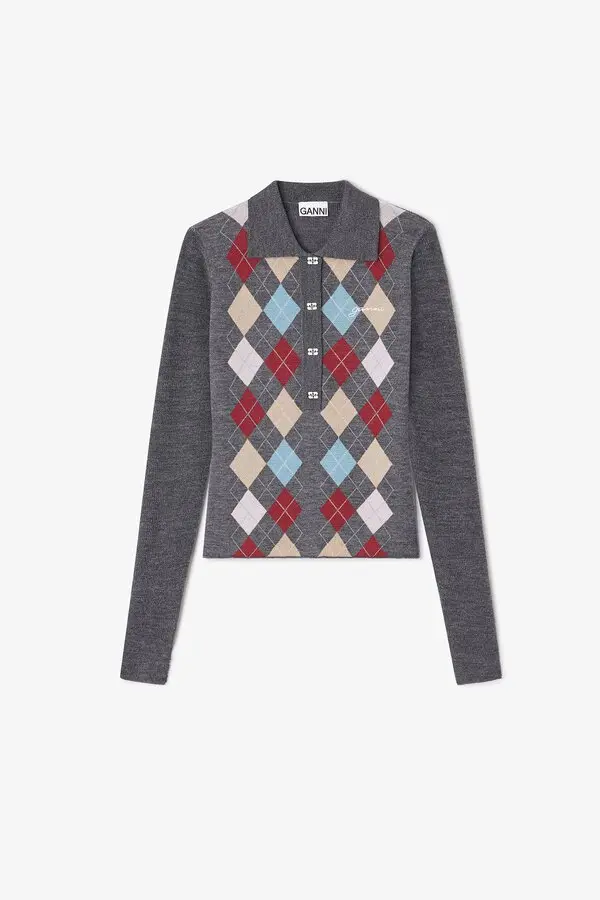 GANNI Knitted Argyle Polo Shirt - Grey