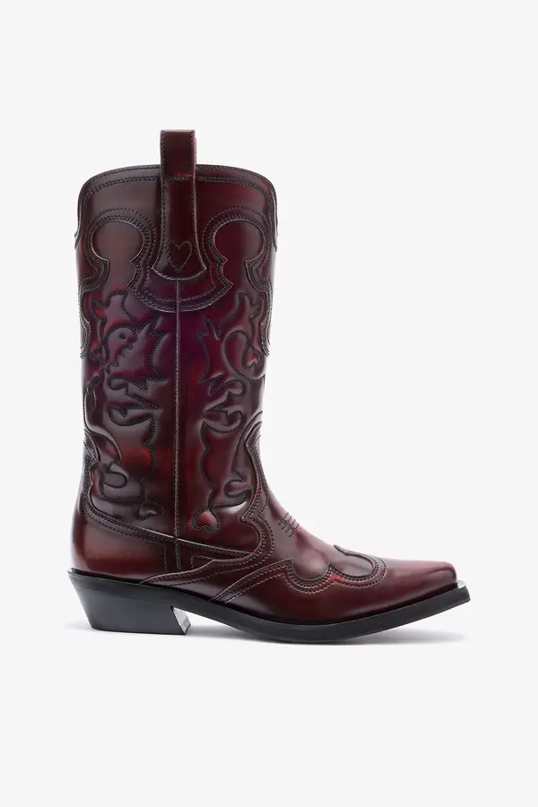 GANNI Embroidered Western Boots - Red