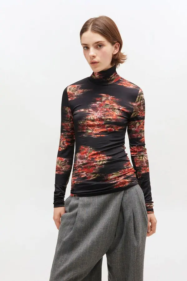 GANNI Floral Jersey Turtleneck - Black