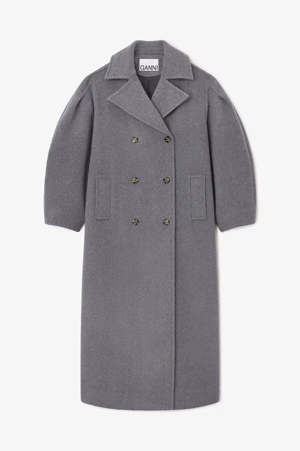 GANNI Wool Oversized Long Pea Coat - Grey