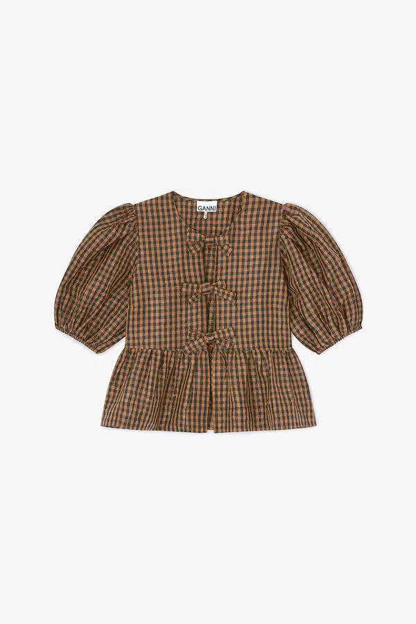 GANNI Crinkled Check Blouse - Brown