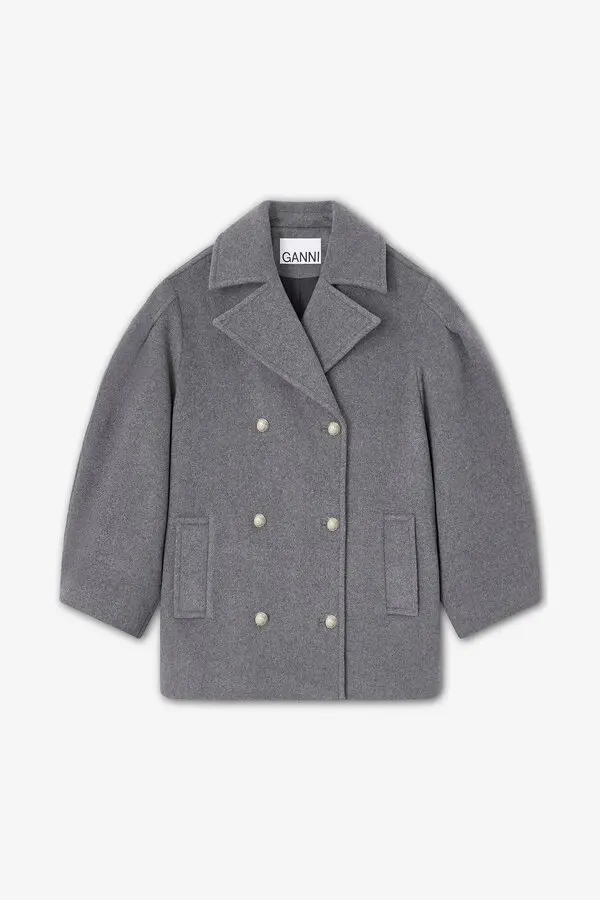 GANNI Wool Oversized Midi Pea Coat - Grey