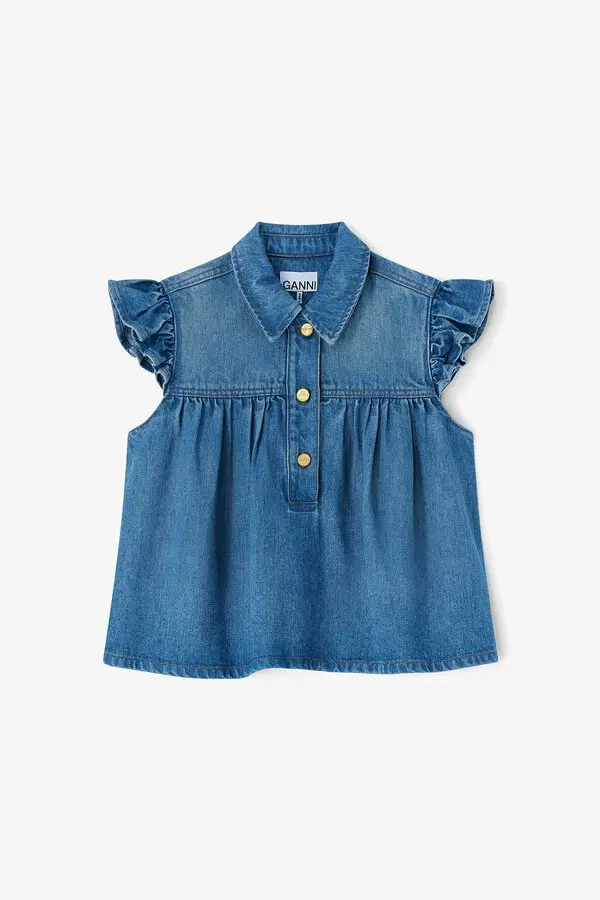 GANNI Denim Ruffle Top - Blue