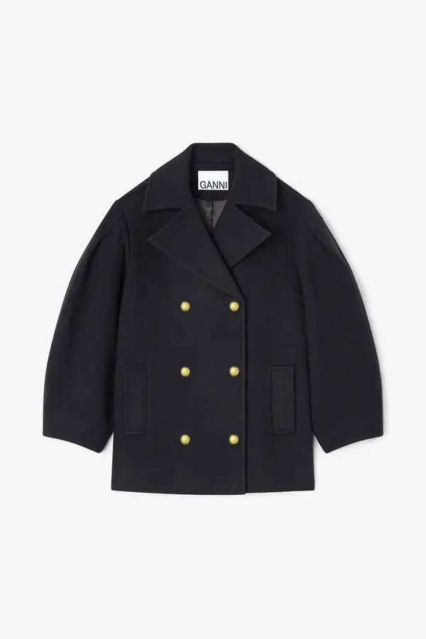 GANNI Wool Oversized Pea Coat - Navy