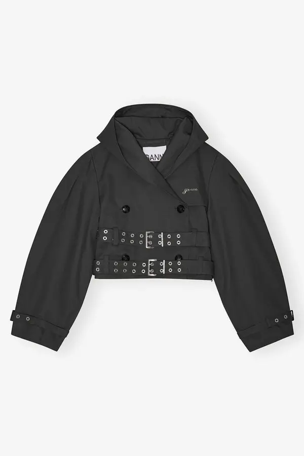 GANNI Bonded Cotton Short Trench Jacket - Black