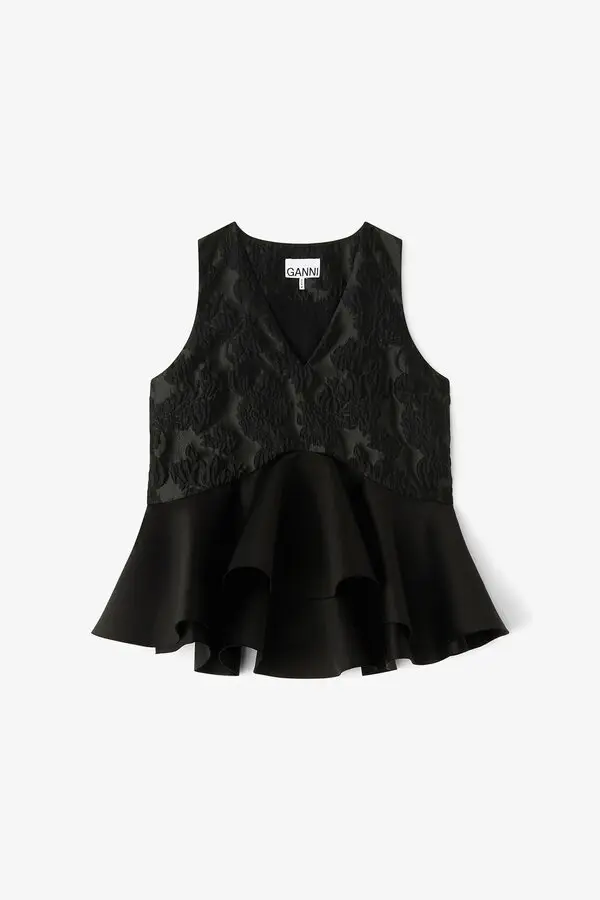 GANNI Satin Cloque Peplum Top - Black