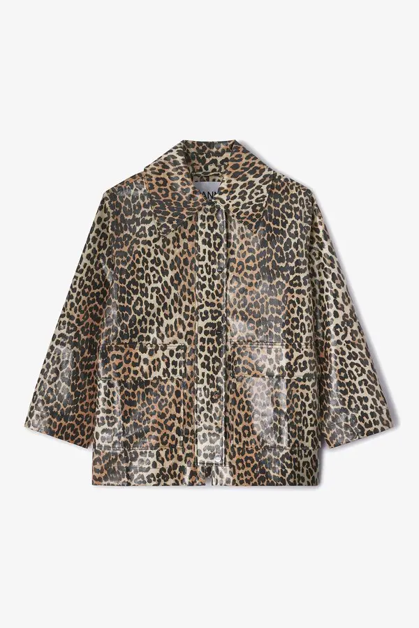 GANNI Leopard Laminated Cotton Jacket - Brown