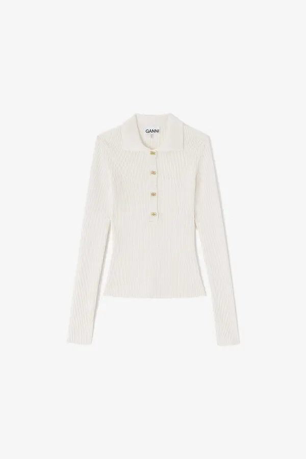 GANNI Sequin Knitted Polo - White