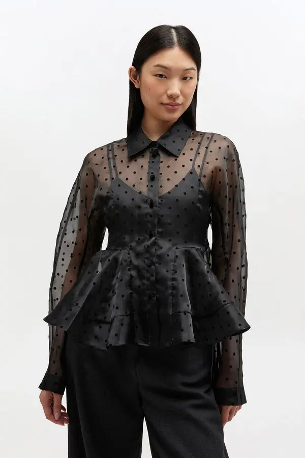 GANNI Organza Peplum Shirt - Black