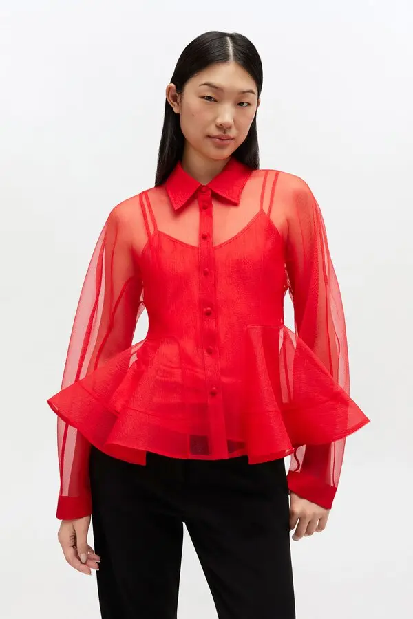 GANNI Organza Peplum Shirt - Red