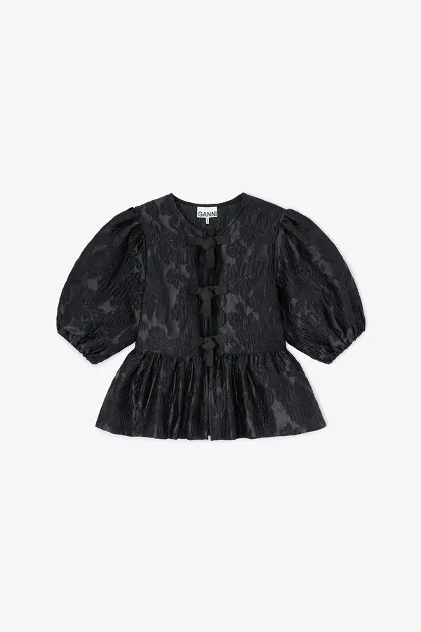 GANNI Satin Peplum Tie Blouse - Black