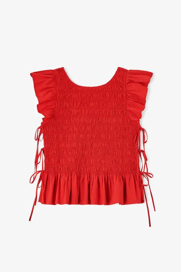 GANNI Sleeveless Smocked Top With Side Ties And Ruffled Hem - Goji Berry