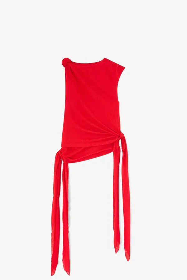 GANNI Smocked Peplum Top With Side Ties - Goji Berry