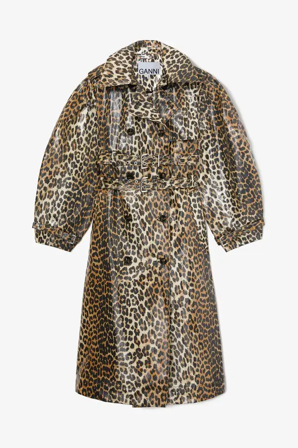 GANNI Leopard Print Laminated Cotton Trench Coat - Brown