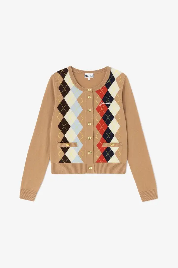 GANNI Argyle Print Cardigan - Beige