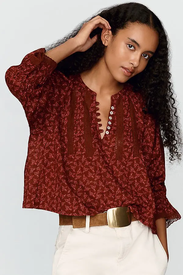 Anthropologie Trina Pintuck Long-sleeve Swing Top - Pink Pattern