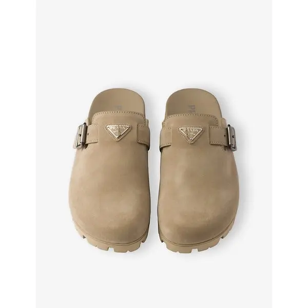 Prada Logo-plaque Suede Mules - Neutral