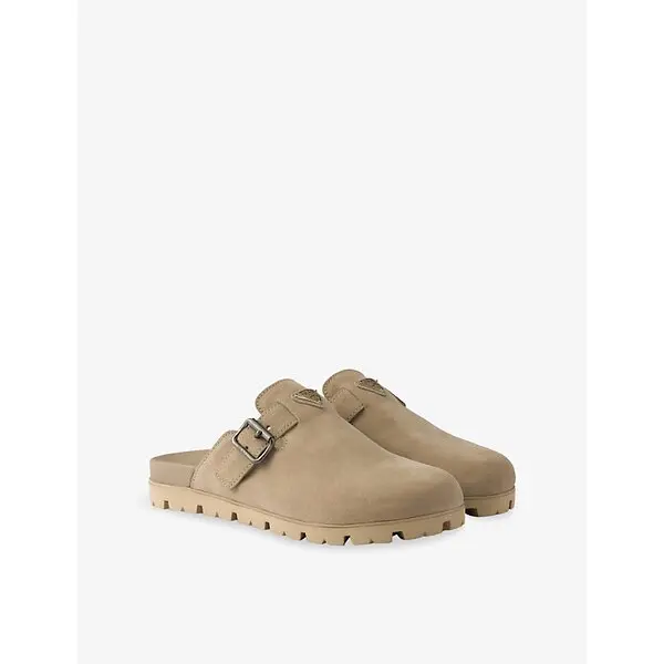 Prada Logo-plaque Suede Mules - Neutral