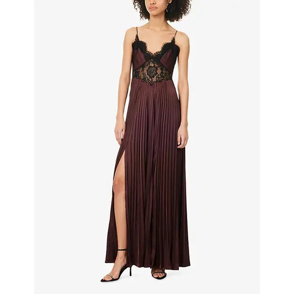 Self-Portrait Lace-Trim Satin Maxi Dress - Brown | Editorialist