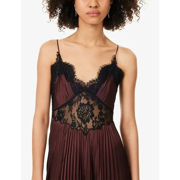 Self-Portrait Lace-Trim Satin Maxi Dress - Brown | Editorialist
