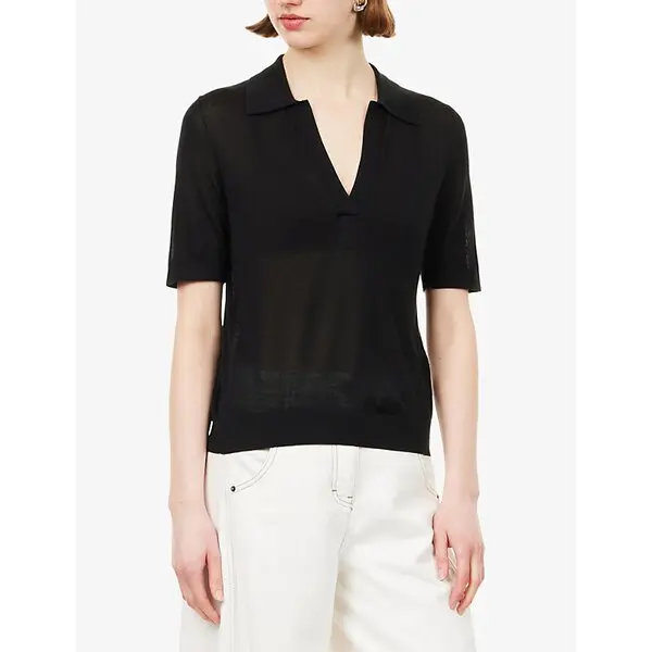 ME+EM Slim-fit Polo-collar Silk-knit Top