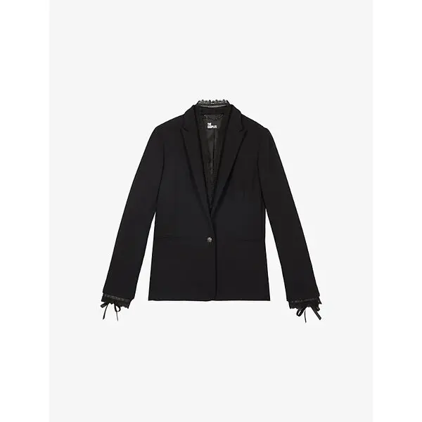 The Kooples Single-breasted Woven Blazer With Lace Trim - Black