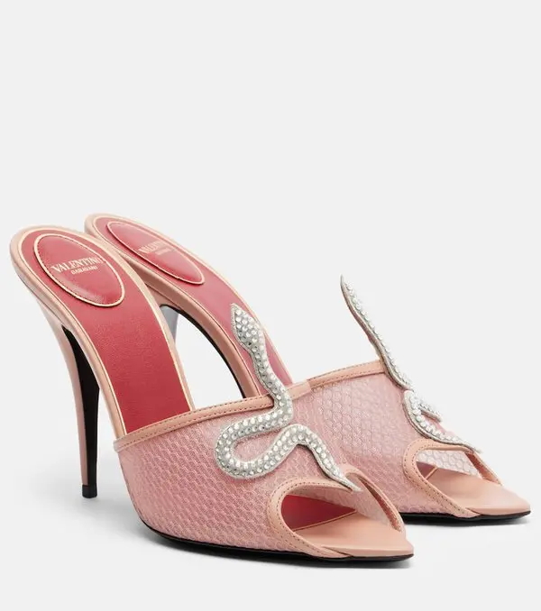 Valentino Garavani Coeur Vipère Embellished Mesh Mules - Pink