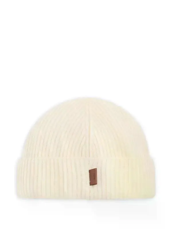 AMI Paris Extrafine Merino Wool Beanie Hat With Leather Logo Label - Neutrals