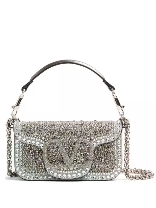 Valentino Garavani Small Locò Shoulder Bag With Rhinestones - Silver