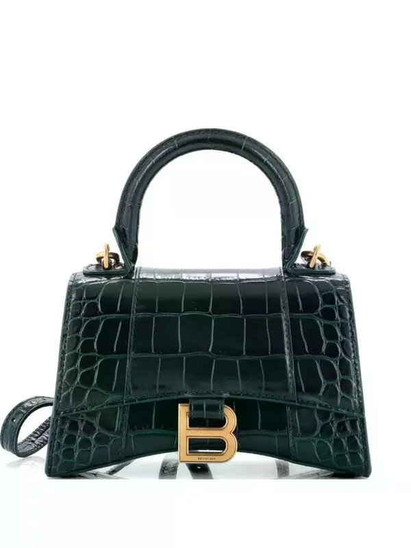 Balenciaga Hourglass Top Handle Bag Crocodile Embossed Leather Xs Satchel - Green
