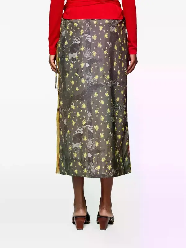 GANNI Organza Wrap Midi Skirt With Floral Print And Color-block Patchwork