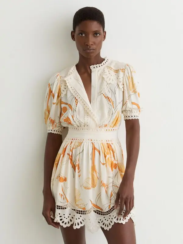 REISS Floral-print Lace-trim Mini Dress